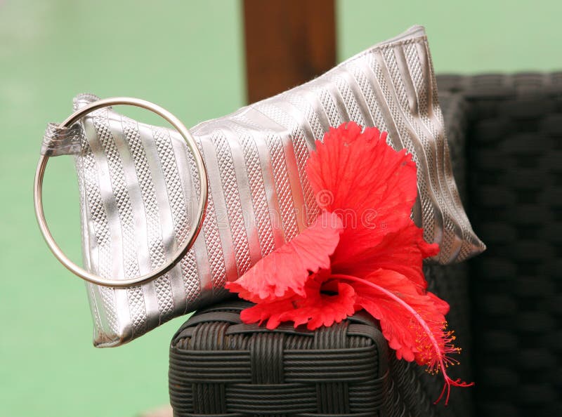 Metallic purse and flower stock photo. Image of fashion - 82256202