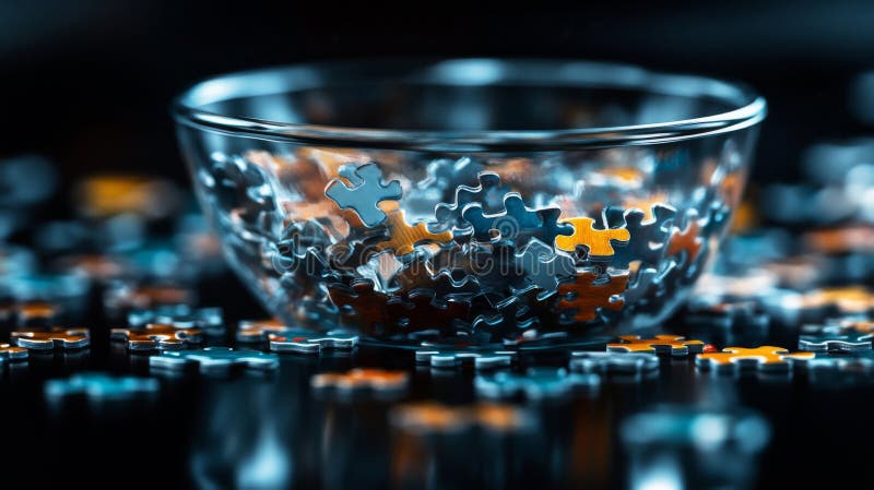 Metallic Puzzle Pieces in Glass Bowl on Dark Background Stock ...