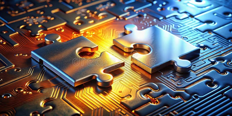 Metallic Puzzle Pieces Interconnect on a Circuit Board, Symbolizing Technological Integration ...