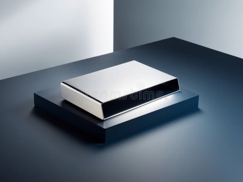 A Metallic Rectangular Object Rests on a Dark Blue Surface. Stock Image ...