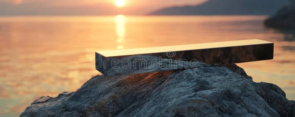 Metallic Rectangular Sculpture on Rocks by the Sea at Sunset Stock ...