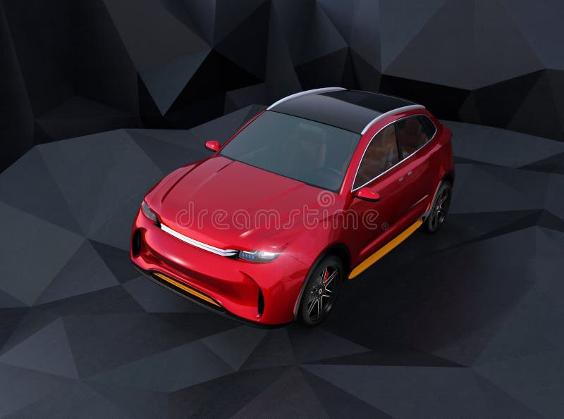 Metallic Red Electric SUV on Geometric Hard Surface Ground Stock ...