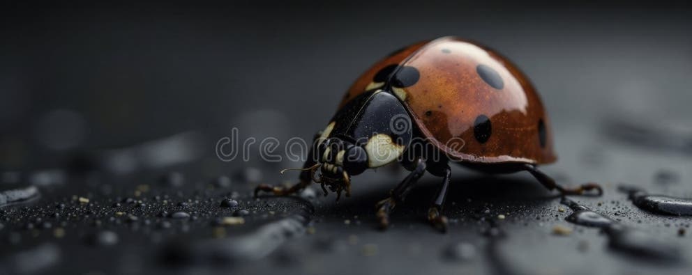 Metallic Red Ladybug with Shiny Surface Lying on the Dark Grey Floor ...