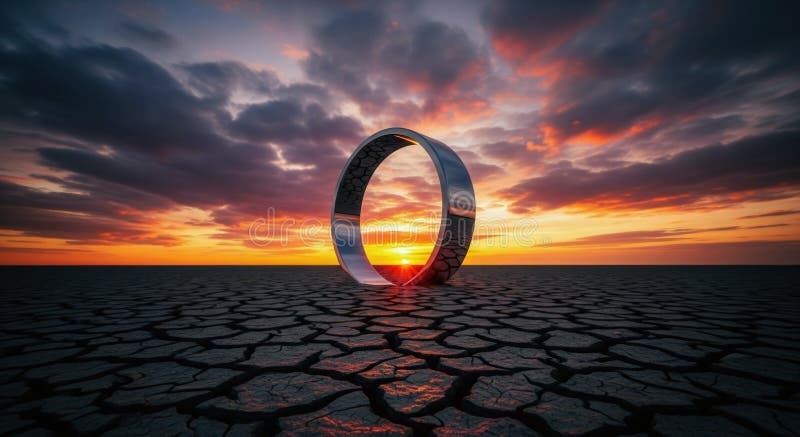 Metallic Ring Structure on Cracked Earth at Dramatic Sunset Stock ...