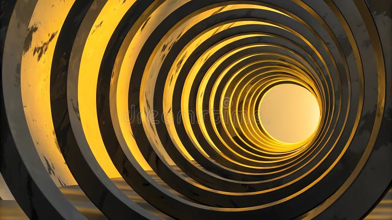 Metallic Rings Glow in Abstract Tunnel of Yellow Light and Depth Stock ...
