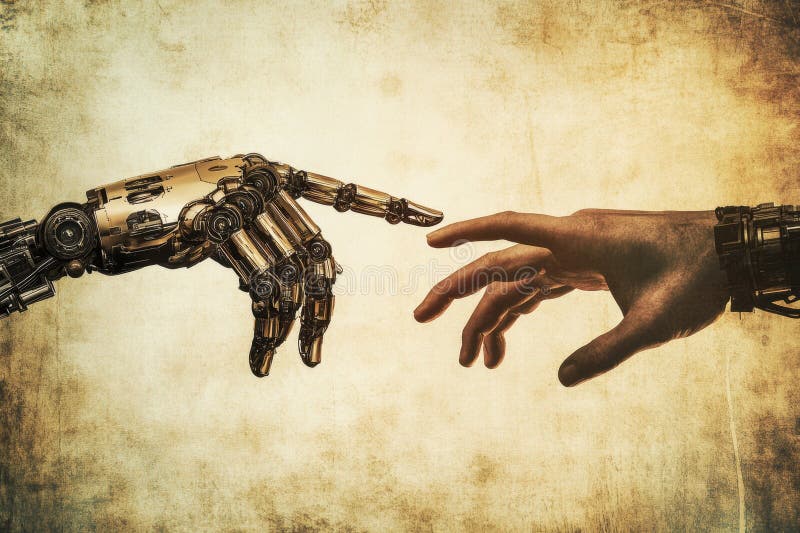 A Metallic Robot Hand Reaches Toward a Human Hand in a Moment of ...