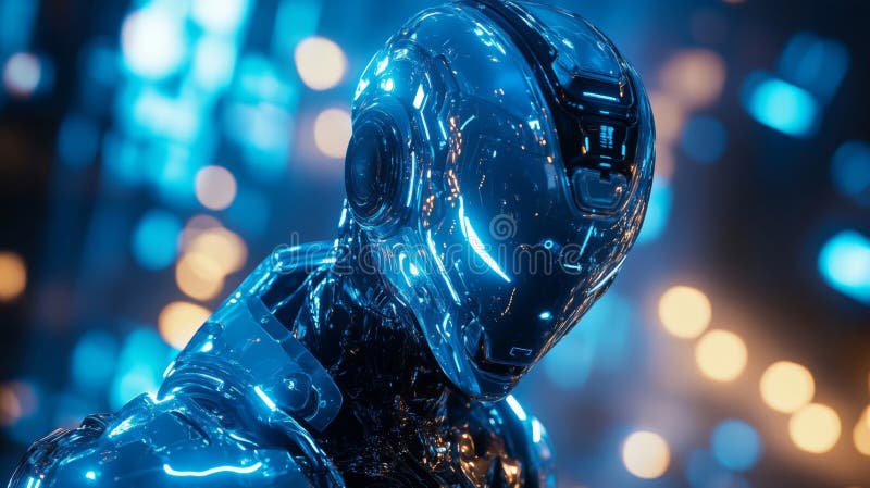 Metallic Robot Head with Glowing Blue Lights and Futuristic Design ...