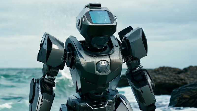 Metallic Robot on Rocky Shore with Dramatic Camera Movement Stock ...