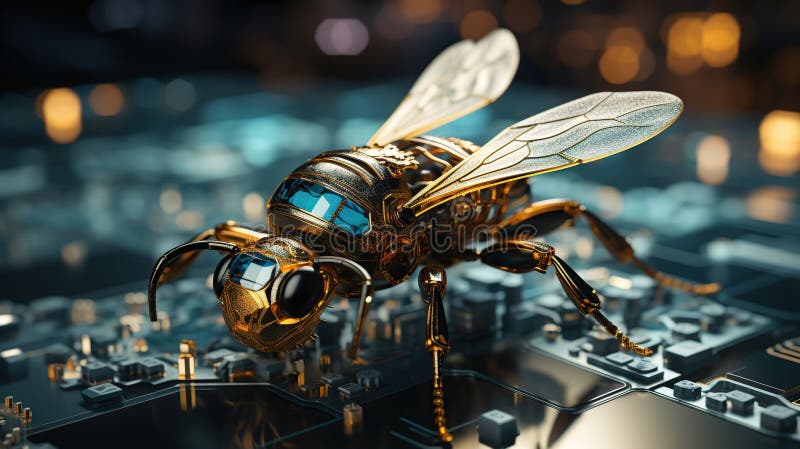 A Metallic Robotic Bee with Blue Glowing Eyes Perched on a Circuit ...