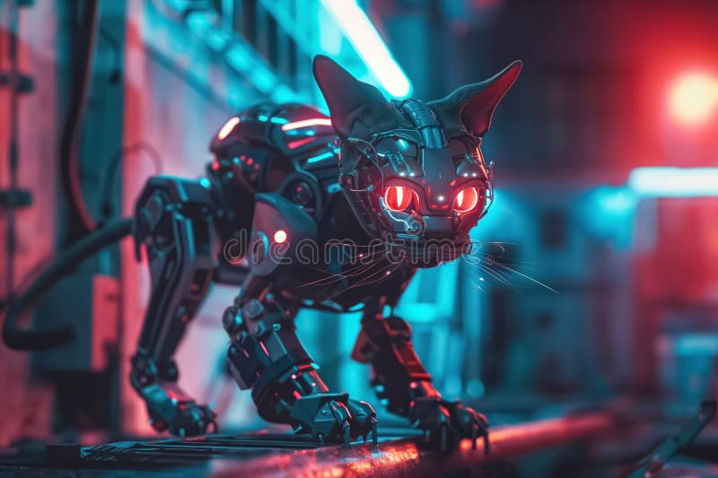 Metallic Robotic Cat Glowing Blue Eyes Stock Photos - Free & Royalty ...