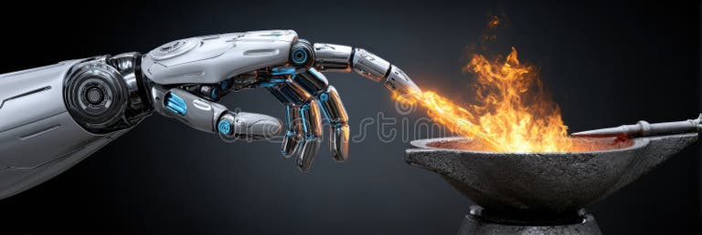 Robotic Hand Igniting Fire in a Forge Showcasing the Intersection of ...