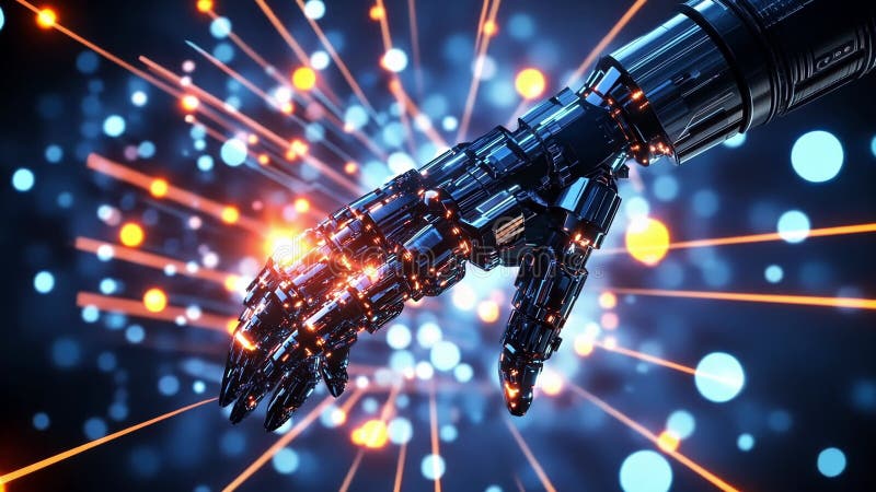 Robotic Hand Reaching Out in Futuristic Digital Environment Stock Video ...