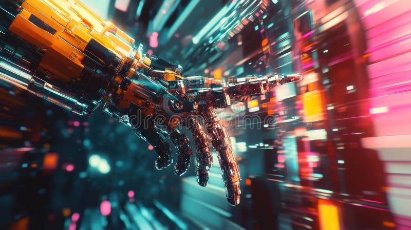 Robotic Hand Reaching Out in Futuristic Cyberspace Environment Stock ...
