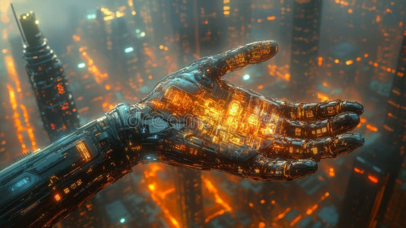 Metallic Robotic Hand Over Futuristic Cityscape at Night Stock ...