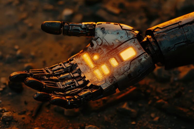 Robotic Hand Resting on the Ground with Glowing Details in an ...