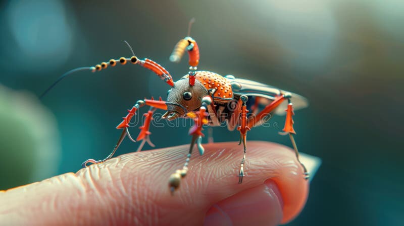 Metallic Robotic Insect Perched on Human Finger Displaying Intricate ...
