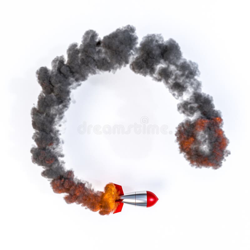 Metallic Rocket with Flames Trail and Circular Smoke on White Stock ...