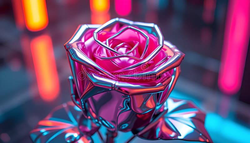 Metallic Rose with Liquid Chrome Petals, Reflecting a Sci-fi-inspired ...