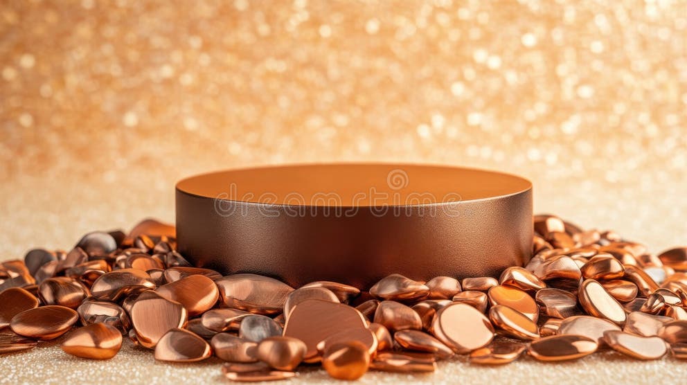 Metallic Round Display Stand Surrounded by Copper Pebbles on Glitter ...