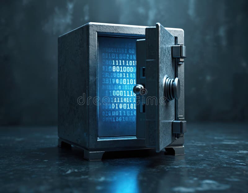 Metallic Safe with Open Door Emitting Glowing Digital Data. Futuristic ...