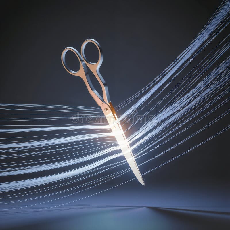 Metallic Scissors with Glowing Light Strands on Dark Background Stock ...