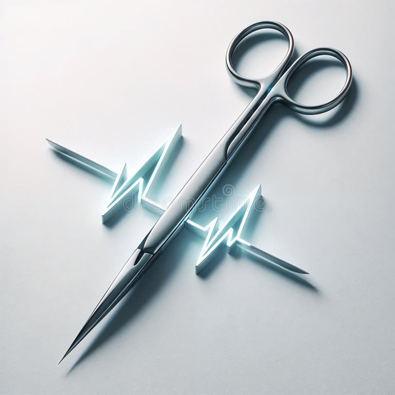 Metallic Scissors with Glowing Zigzag ECG Like Lines on Light Surface ...