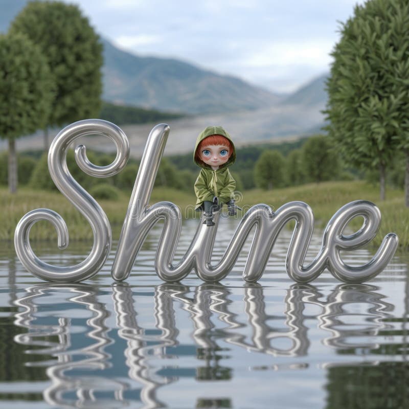 Metallic Script Shine on Reflective Water with Doll Figure Stock ...