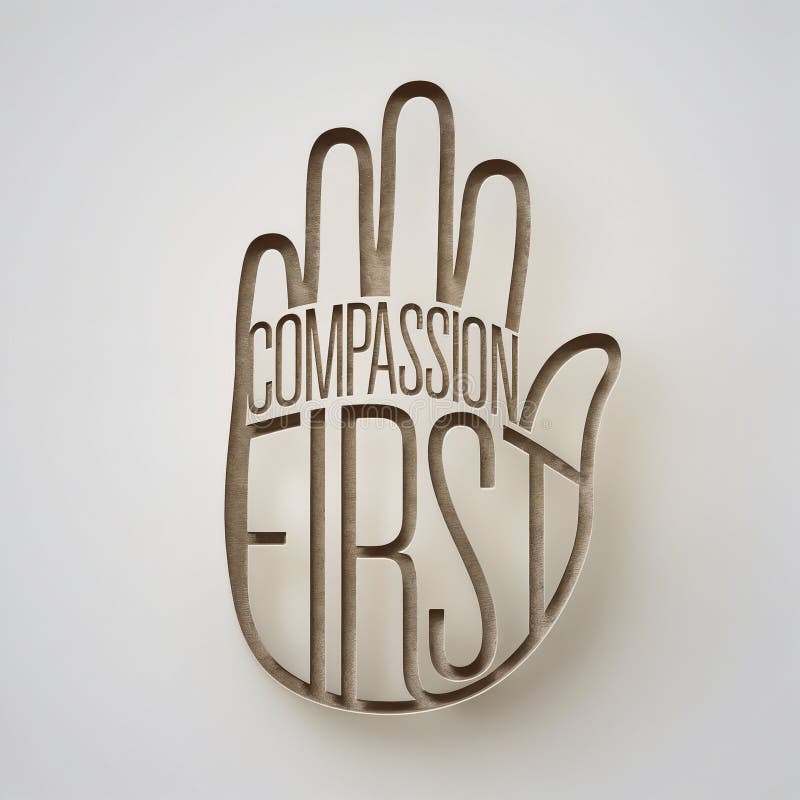 Metallic Sculpture of Open Hand with Text COMPASSION FIRST Stock ...