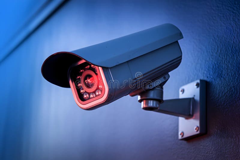 Metallic Security Camera with Red Light, Blue Gradient Backdrop ...
