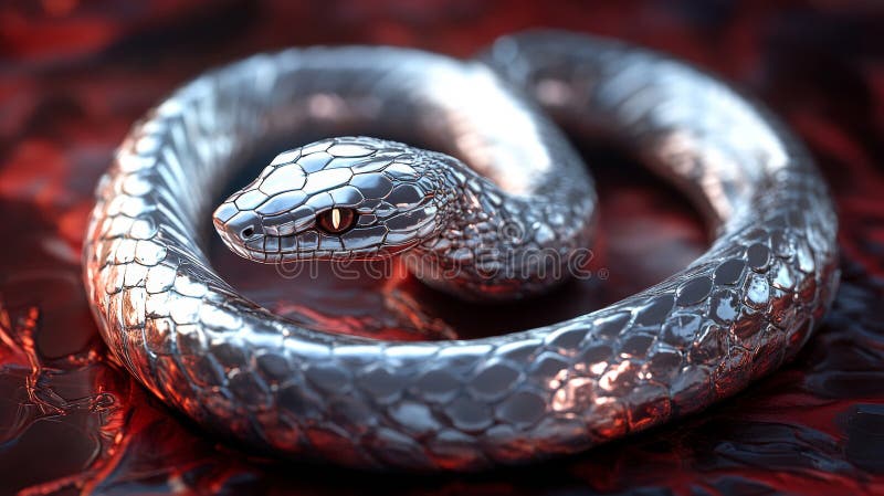 A Metallic Serpent Coiled upon Dark Red Surface Stock Illustration ...