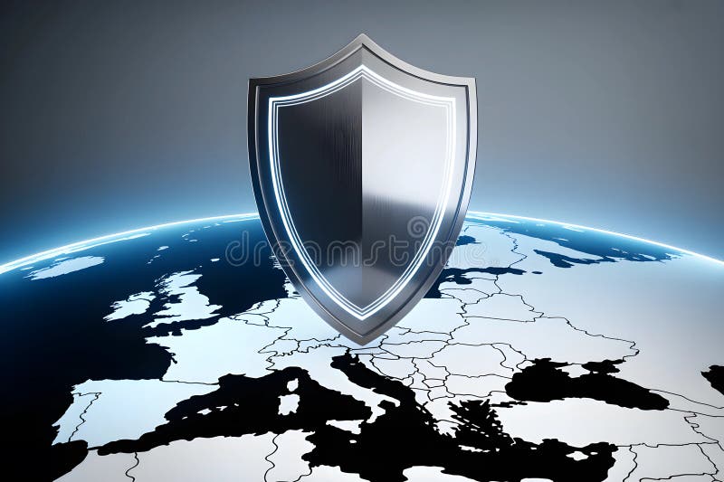 Metallic Shield Glowing Above Europe Map Symbolizing Defense Security ...
