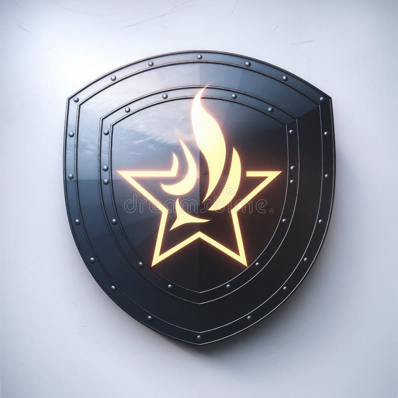 Metallic Shield with Glowing Flame Emblem and Riveted Border Stock ...