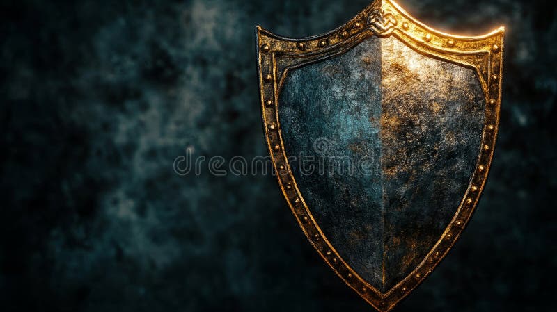 A Metallic Shield with a Gold Edge on a Dark Background. Stock Image ...