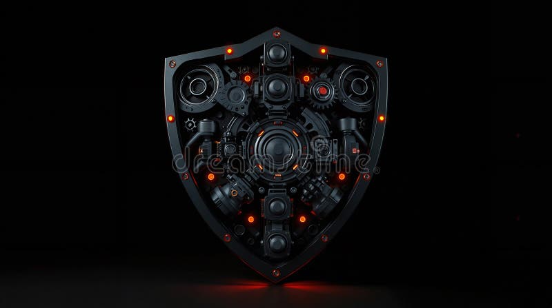 Cybersecurity Shield with Metal Gears and Red Glowing Light Background ...