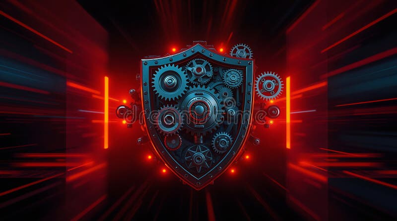 Cybersecurity Shield with Metal Gears and Red Glowing Light Background ...