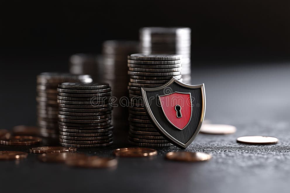Metallic Shield Protecting Stacks of Coins Stock Illustration ...