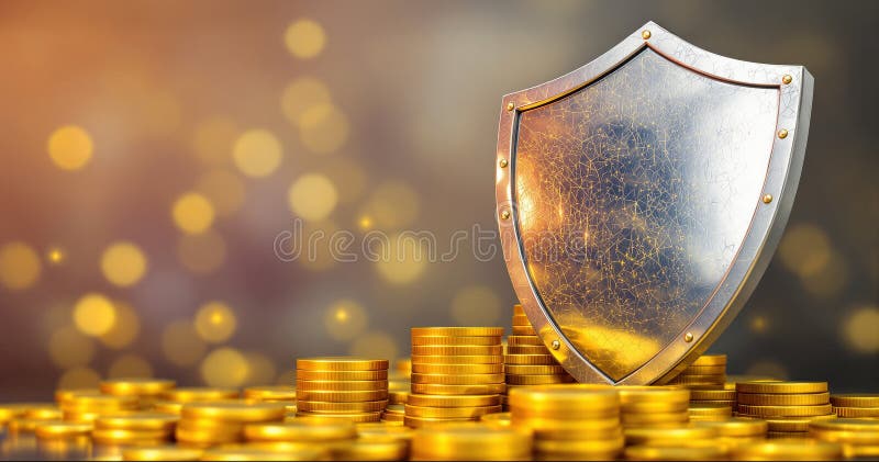 A Reflective Metallic Shield Stands among Gold Coins, Symbolizing ...