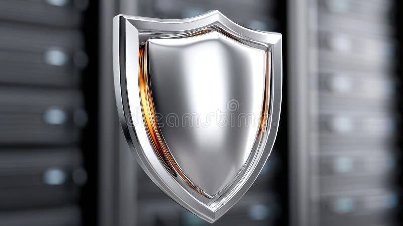 Metallic Shield Symbol Over Computer Server Background in Data Center ...