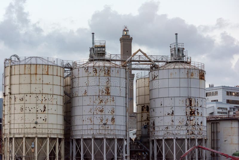 Metallic Silos Near Lightouse Lanterna Genoa Town Stock Image - Image ...