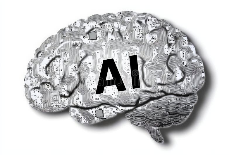 Metallic Silver AI Brain Illustration Intricate Circuit Patterns ...