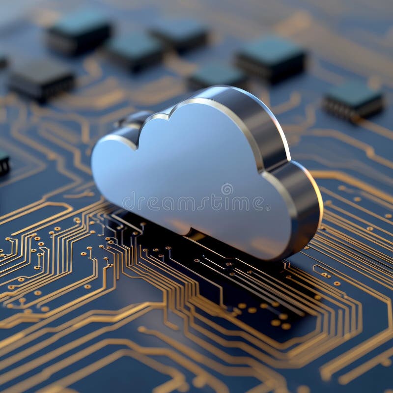 Metallic Silver Cloud Computing Symbol Placed on Dark Electronic Circuit Board Illuminated by ...