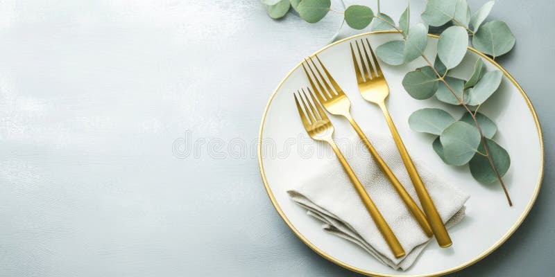 Table Setting with Gold Forks and Knives Stock Image - Image of leaves ...
