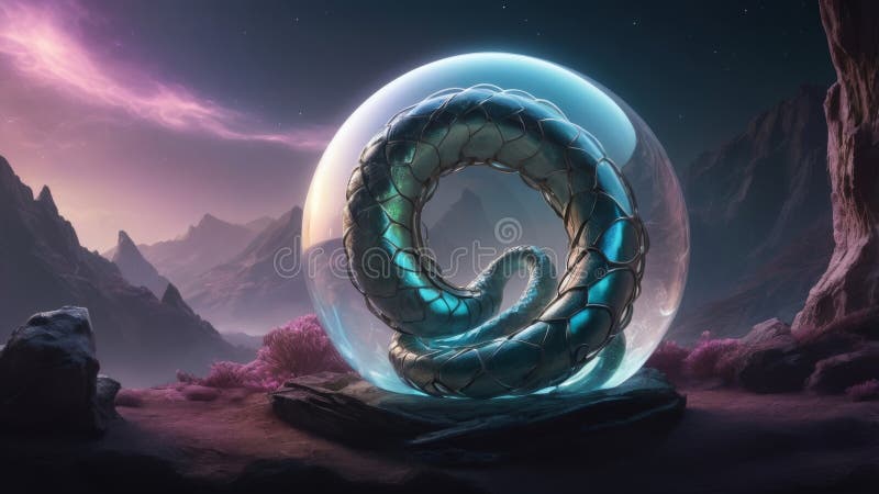 A Metallic Snake Coiled Inside a Glass Sphere on a Rocky Terrain Stock ...