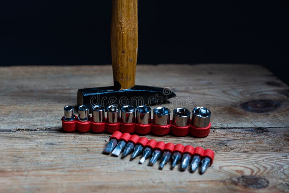 Metallic Socket Spanner Inserts and a Hammer Stock Image - Image of ...