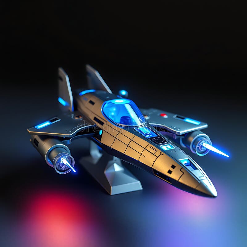 A Metallic Spaceship Model with Neon Blue Accents and Glowing Thrusters ...