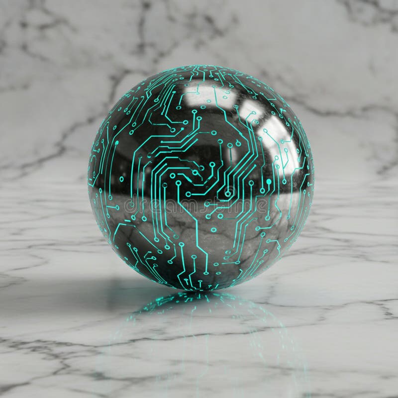 A Metallic Sphere with Bright Blue Circuit-like Patterns Rests on a ...