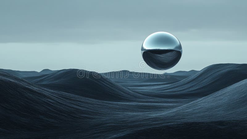 Metallic Sphere Hovering Over Surreal Landscape Stock Illustration ...