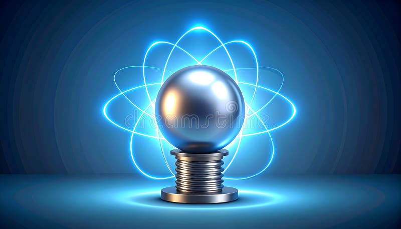 Metallic Sphere with Orbiting Blue Glowing Rings Stock Illustration ...