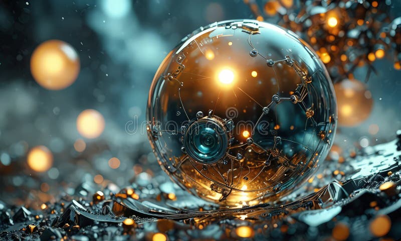 Metallic Sphere with Reflective Surface and Blue Light at Its Center is ...