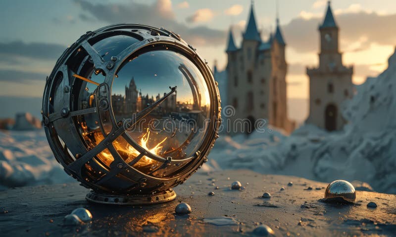 Metallic Sphere with Reflective Surface Captures Castle in the Distance ...